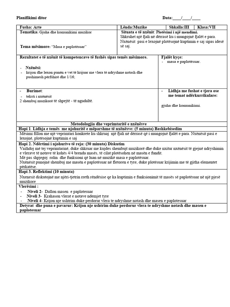 Ditare Muzike 7 ("Masa e Paplotësuar") | PDF