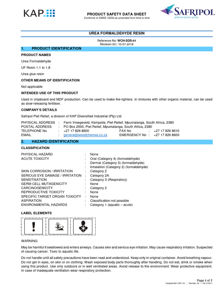 Urea Formaldehyde Resin Safety Sheet | PDF | Toxicity | Formaldehyde