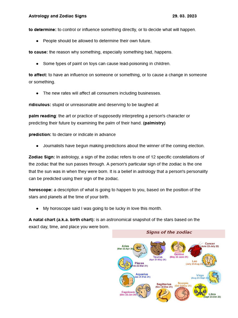 Astrology and Zodiac Signs ELT Speaking Questions | PDF | Horoscope ...