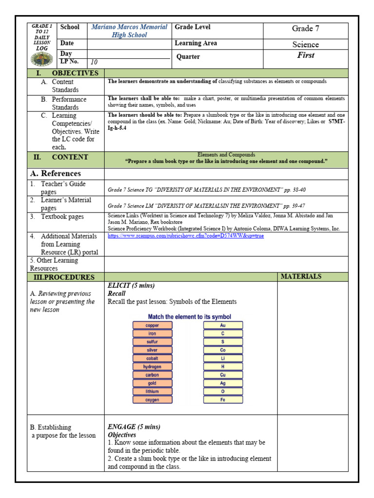 LP10 With Attached Worksheets - Making Slumbook (Elements and Compounds) | PDF | Learning ...