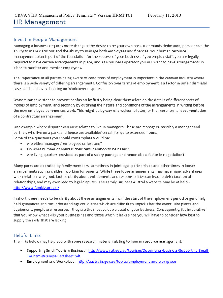 Human Resources Management Policy Template | PDF | Human Resources | Human Resource Management