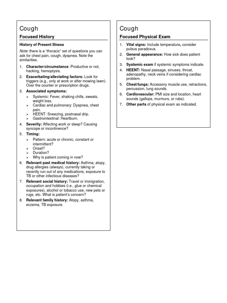 Cough Assessment: History & Exam Guide | PDF | Wellness