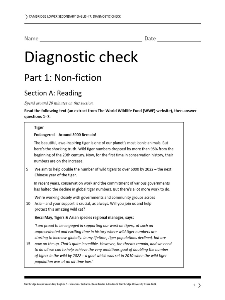 Grade 7 English Diagnostic Assessment | PDF | Tiger