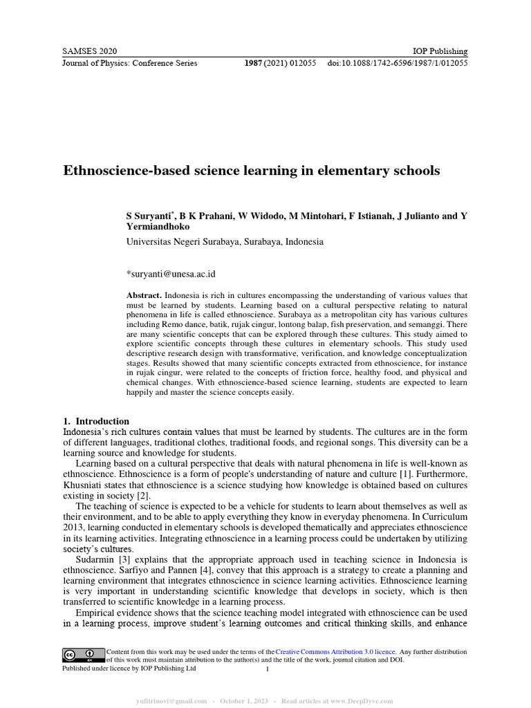 Ethnoscience Based Science Learning in Elementary Schools | PDF | Science | Learning