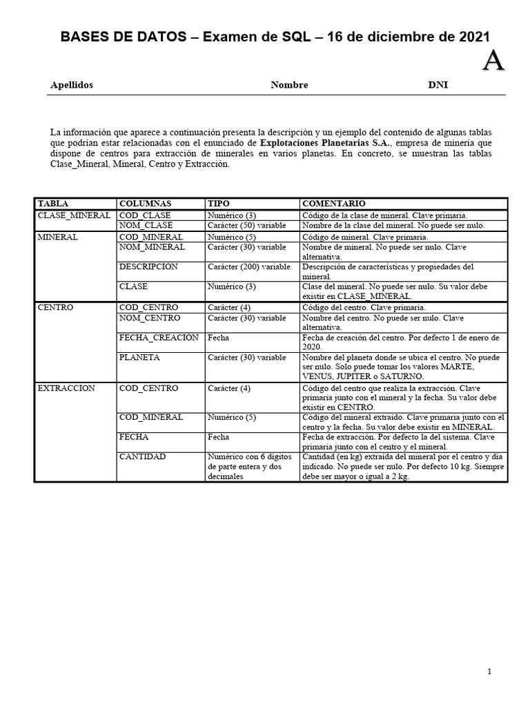 BD2122 Examen SQL Diciembre 2021 A Solución | PDF | SQL | Minerales
