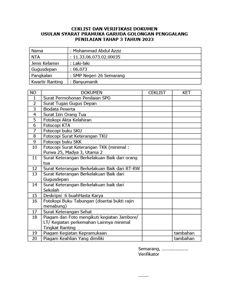 CEKLIST DOKUMEN USULAN PENILAIAN Garuda Penggalang | PDF