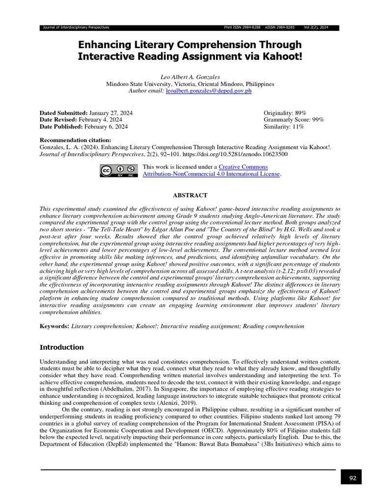 Enhancing Literary Comprehension Through Interactive Reading Assignment Via Kahoot! | PDF ...