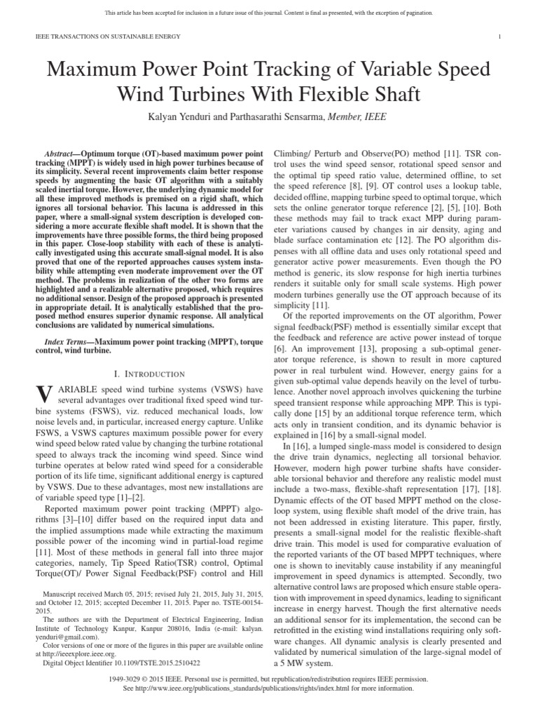 Maximum Power Point Tracking of A Variab | PDF | Electric Generator ...