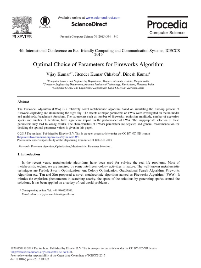 Optimal Choice of Parameters For Fireworks Algorit | PDF | Metaheuristic | Mathematical Optimization