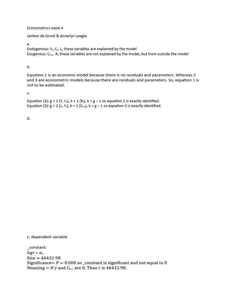 Econometrics Assignment Week 4 | PDF | Ordinary Least Squares | Errors And Residuals