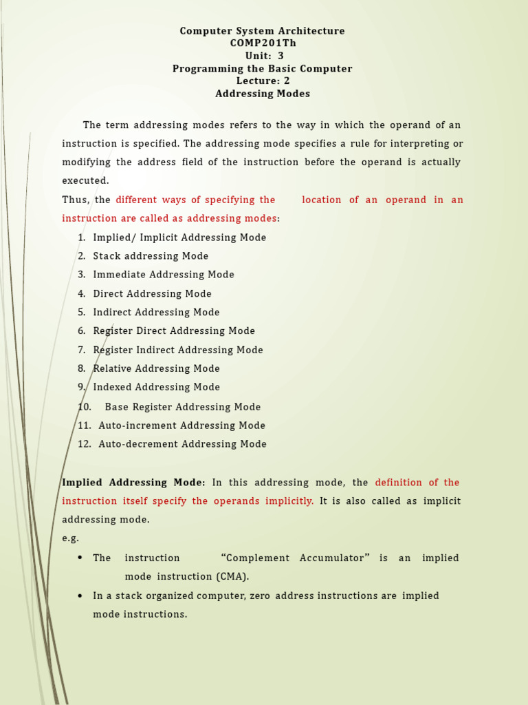 Comp201th Unit 3 Lecture 2 Addressing Modes Pdf Central Processing Unit Computer Hardware
