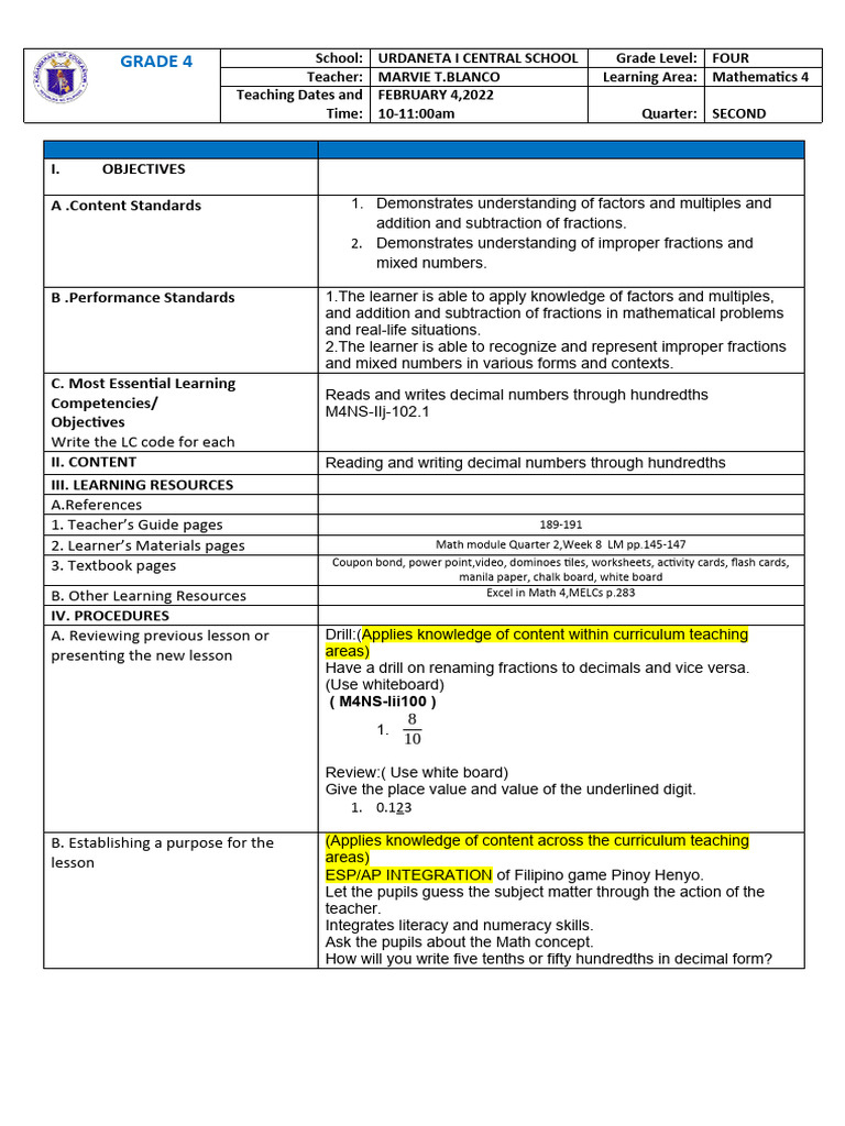 Grade 4 Math Lesson on Decimals | PDF | Teaching Methods & Materials | Art