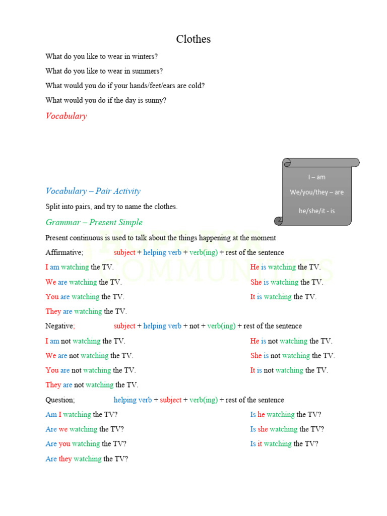 Week 2 - Clothes - Present Continuos | PDF | Fashion | Grammar