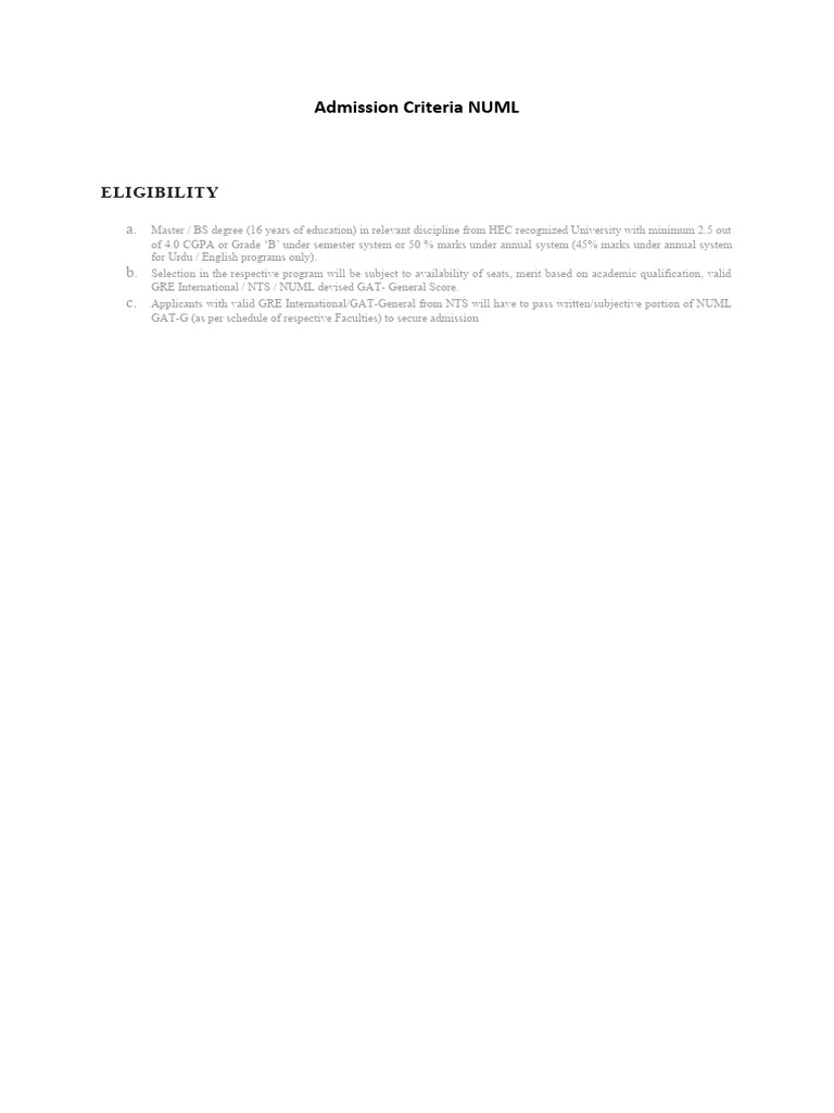 NUML Admission Criteria & Eligibility | PDF