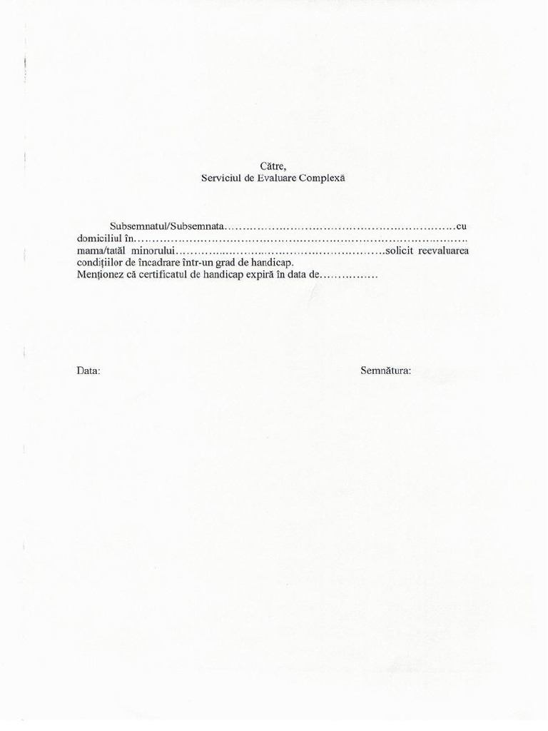 Cerere Tip Reevaluare Incadrare Grad de Handicap | PDF Cerere Tip Reevaluare Incadrare Grad de Handicap | PDF