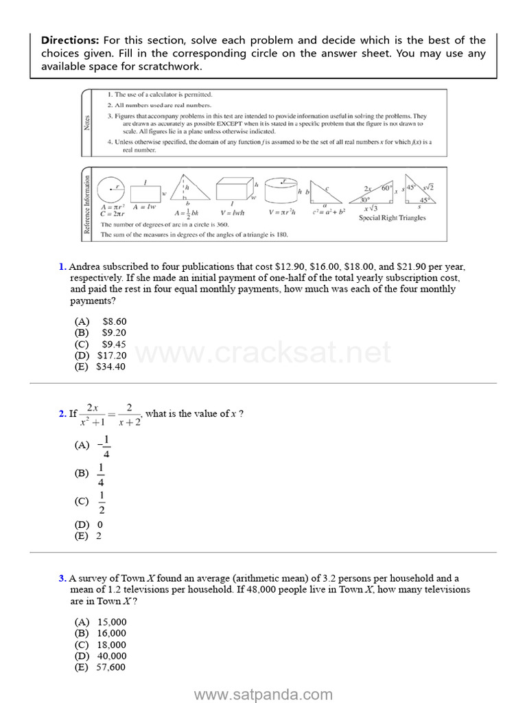 Sat Math Practice Test 1 | PDF | Sat | Mean