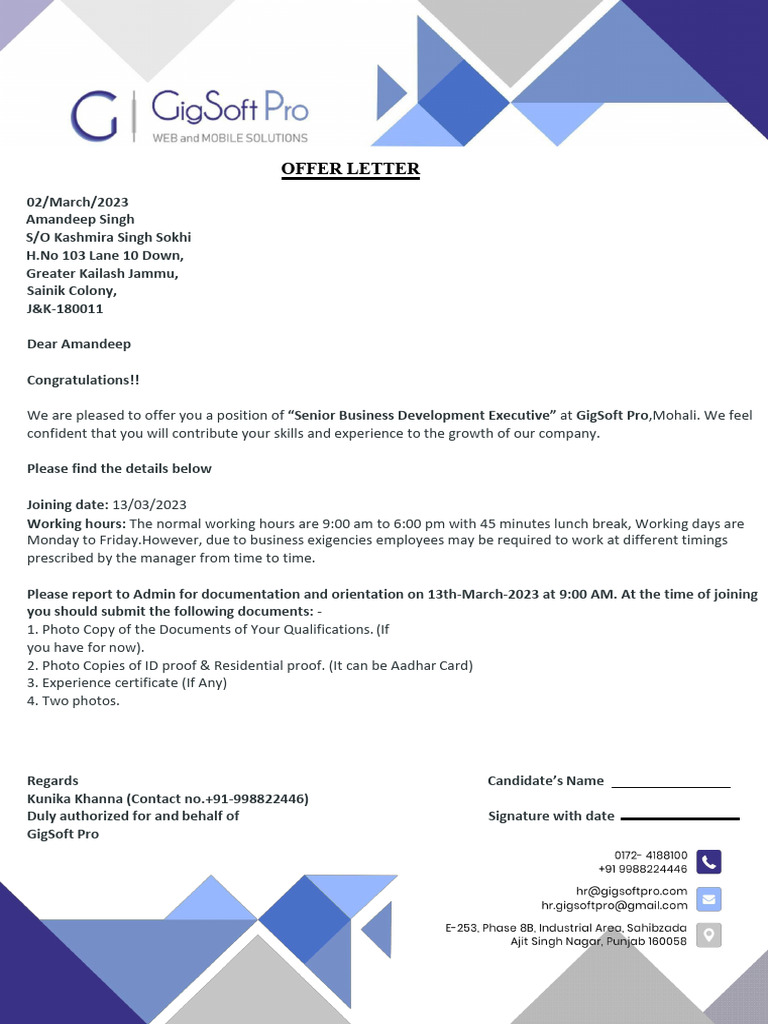 Amandeep Offer Letter | PDF