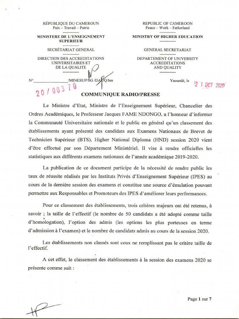 Minesup Classement Ipes Examens Nationaux-2020 | PDF