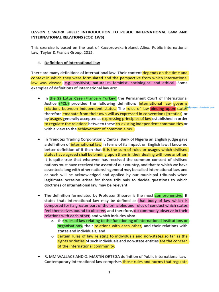 Lesson 1 Work Sheet | PDF | International Law | Rule Of Law