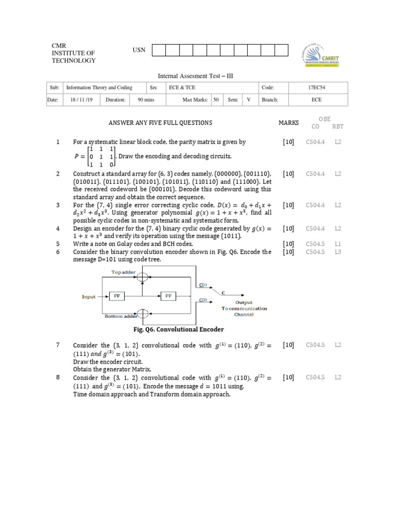 IAT-III Question Paper With Solution of 17EC54 Information Theory and ...