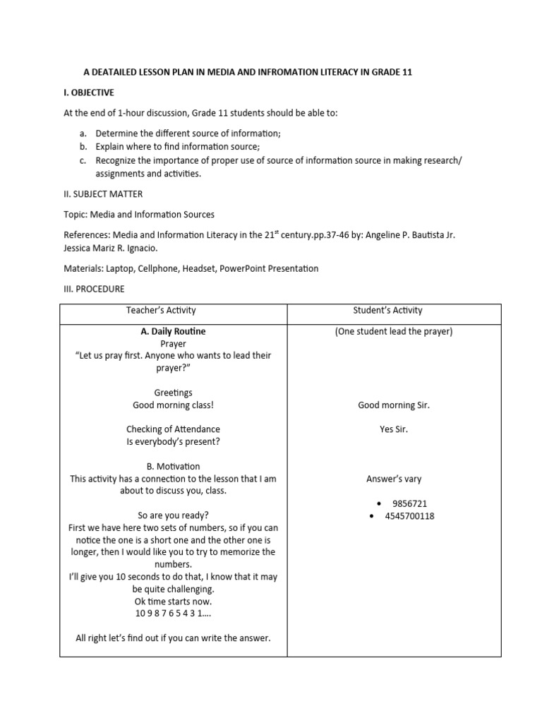 A Deatailed Lesson Plan in Media and Infromation Literacy in Grade 11 ...