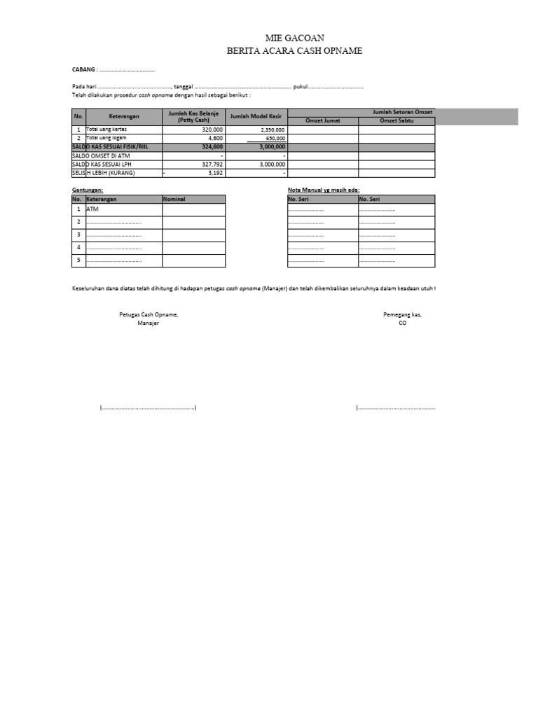 Berita Acara Cash Opname Baru | PDF