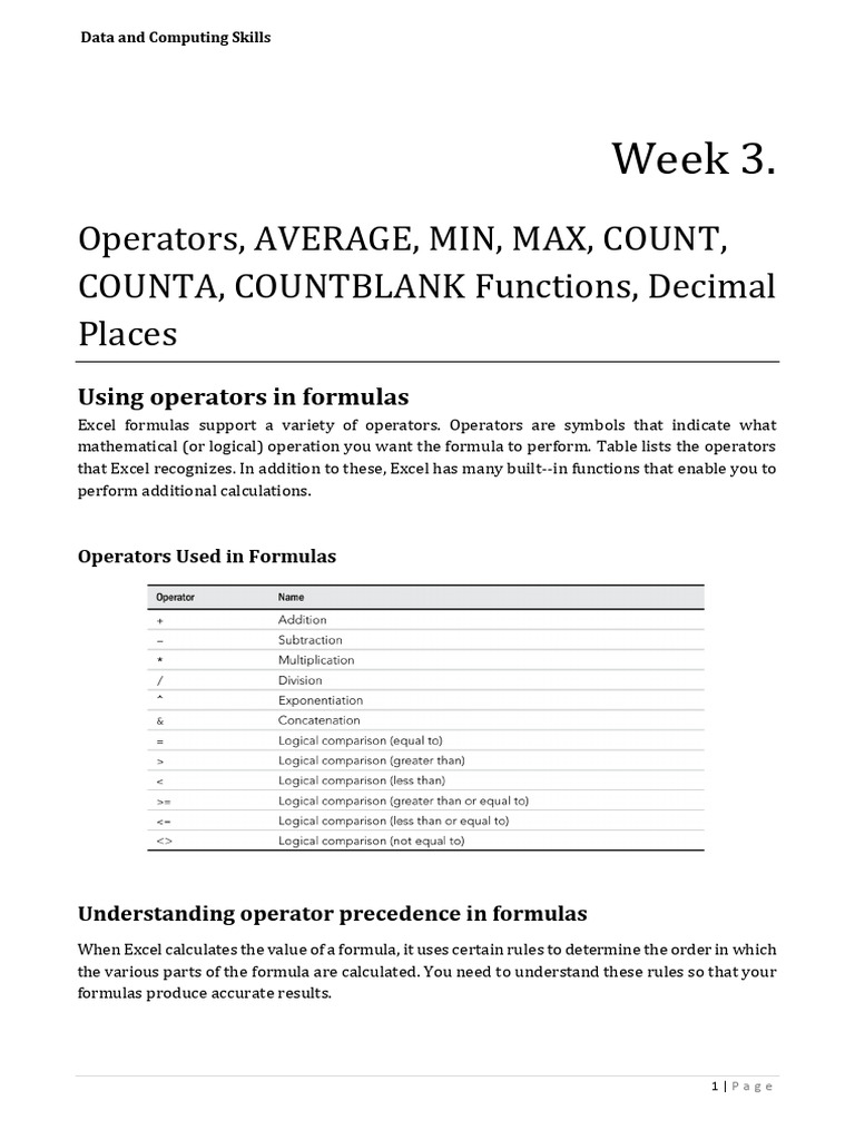 Week 3 Operators AVERAGE MIN MAX COUNT COUNTA COUNTBLANK Functions Decimal Places | PDF ...