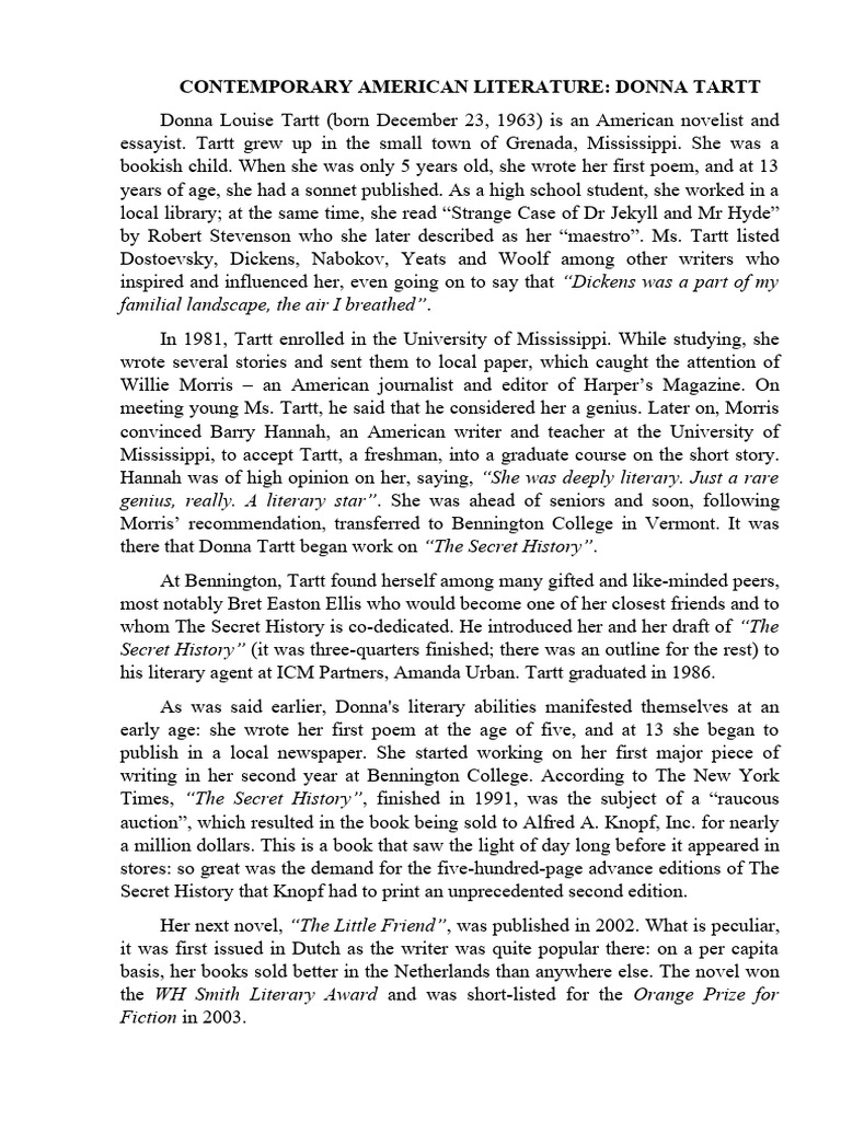 Contemporary American Literature: Donna Tartt | PDF | Mystery, Thriller ...