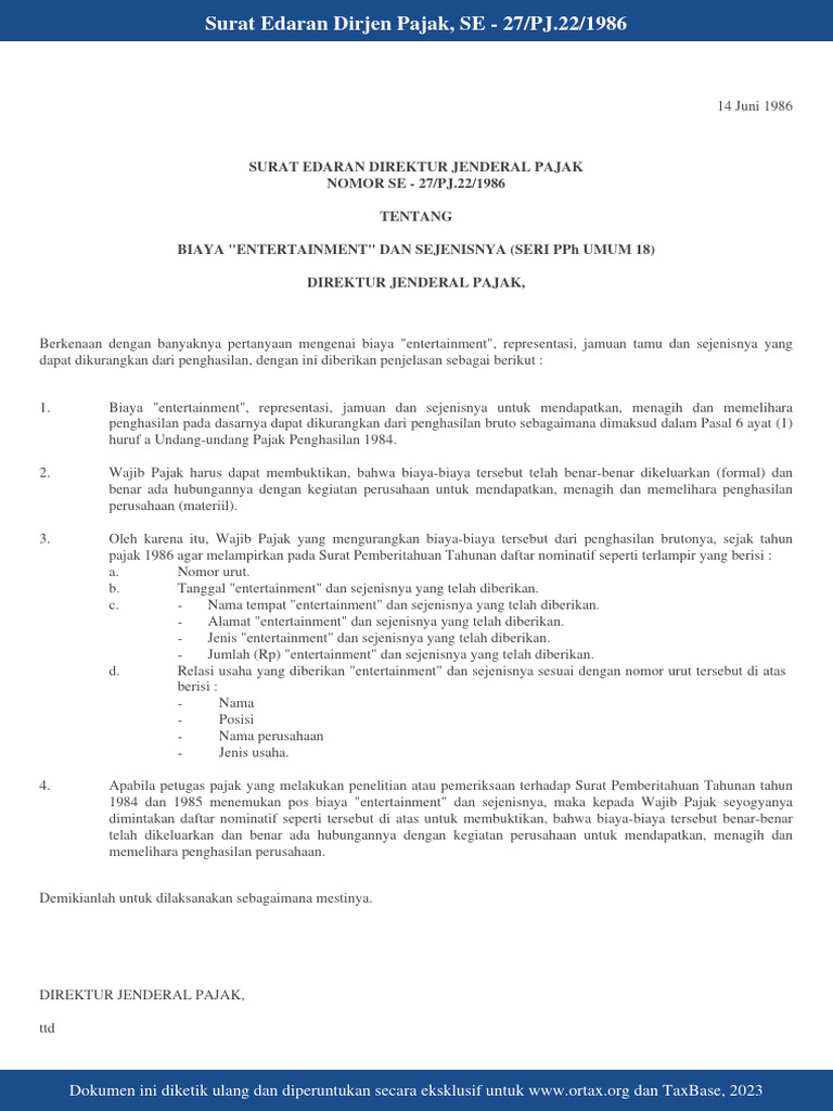 Biaya Entertainment dalam Pajak 1986 | PDF