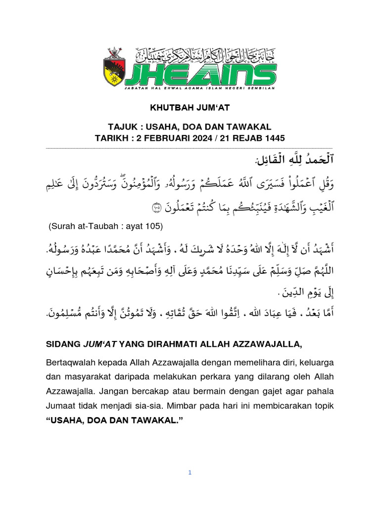 4275-Khutbah Jumaat 2 Februari 2024 - Usaha, Doa Dan Tawakal | PDF