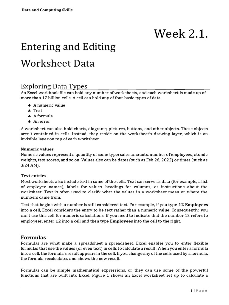 Week 2 1 Entering and Editing Worksheet Data Reading | PDF | Microsoft Excel | Typefaces