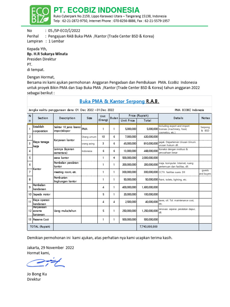 RAB Total Permohoaan KOP SURAT ECOBIZ | PDF