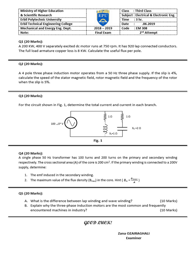 Final Exam - 2nd Attempt | PDF | Electric Motor | Transformer