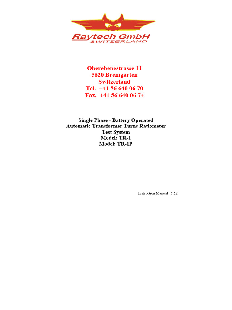 Raytech TR-1 Transformer Tester Manual | PDF | Transformer | Accuracy ...