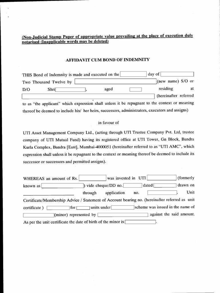 UTI Fund Affidavit-cum-bond-of-Indemnity | PDF