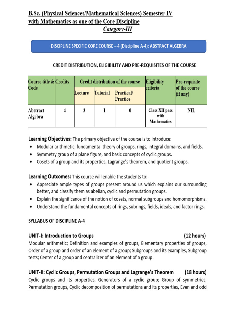 Abstract Algebra Syllabus (Sem-4) | PDF | Group (Mathematics) | Ring ...