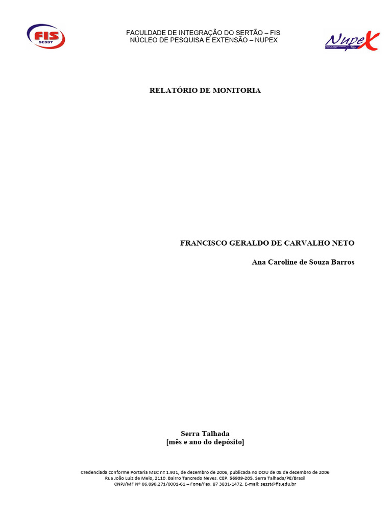 Modelo Relat Rio Monitoria Projeto Pesquisa | PDF | Pedagogia