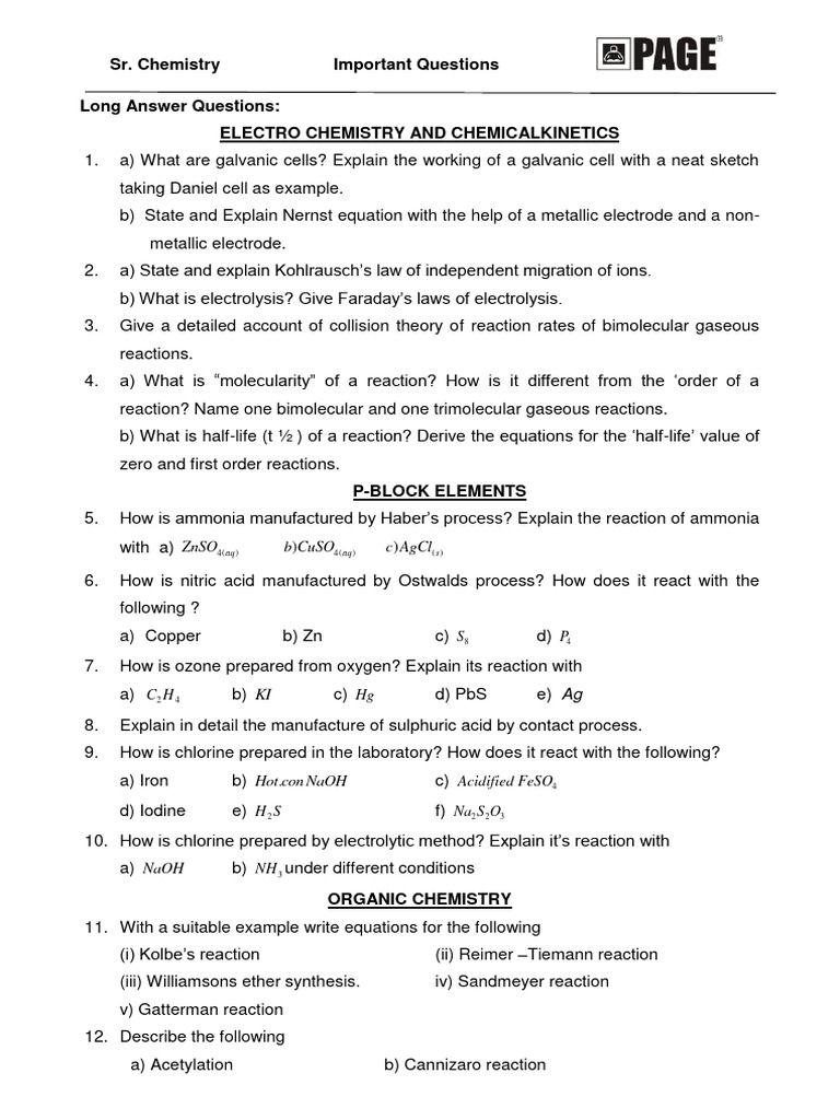 Sr. Chemistry Important Questions - 2023 | PDF | Coordination Complex ...