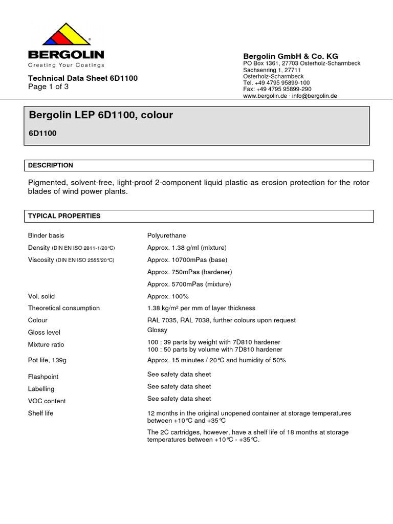 Bergolin LEP 6D1100 Technical Data Sheet | PDF | Humidity | Legal Liability