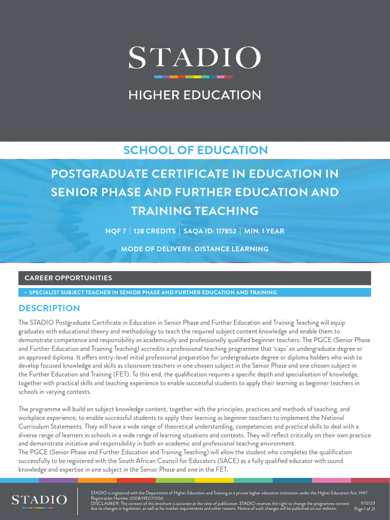 SOE - PGCE in Senior Phase and Further Education and Training Teaching DL 2024 | PDF ...