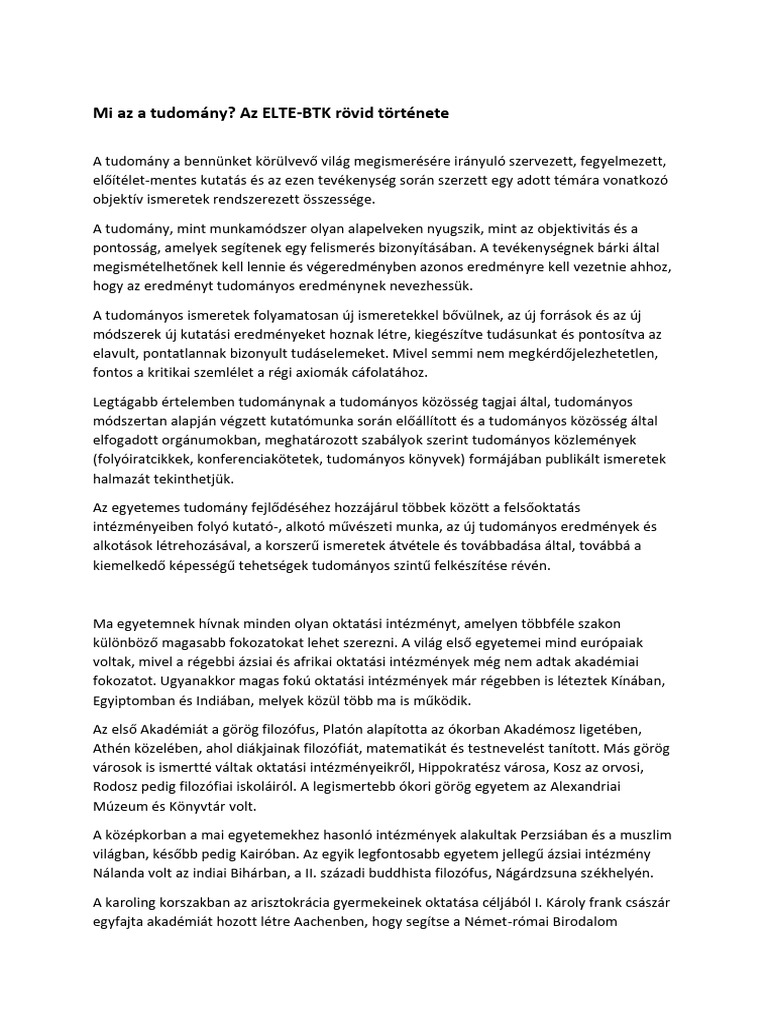 Óra ELTE BTK Rövid Története | PDF