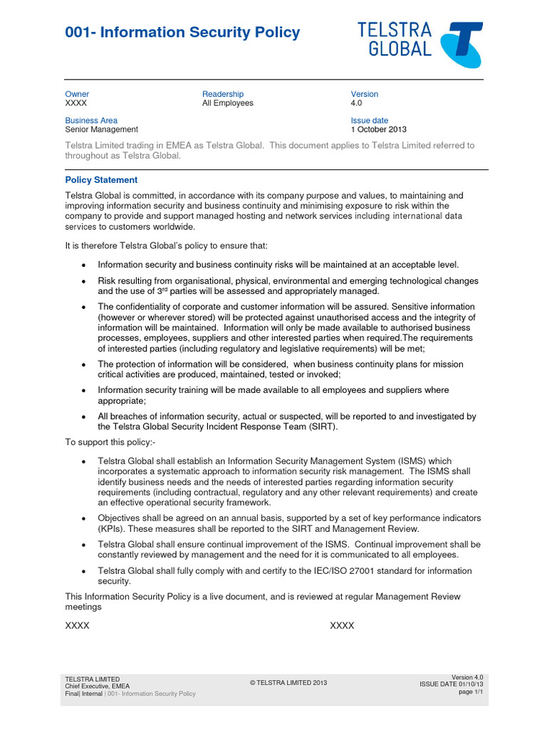 11-Information Security Policy - Telstra Global | PDF | Information ...