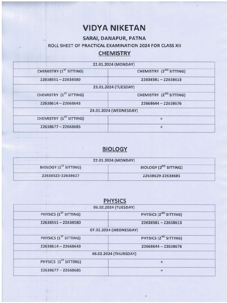 Practical Date Sheet2024 | PDF