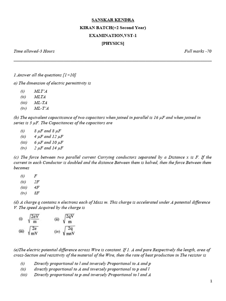First Year Question Paper Format For This Exam Only | PDF | Inductor ...