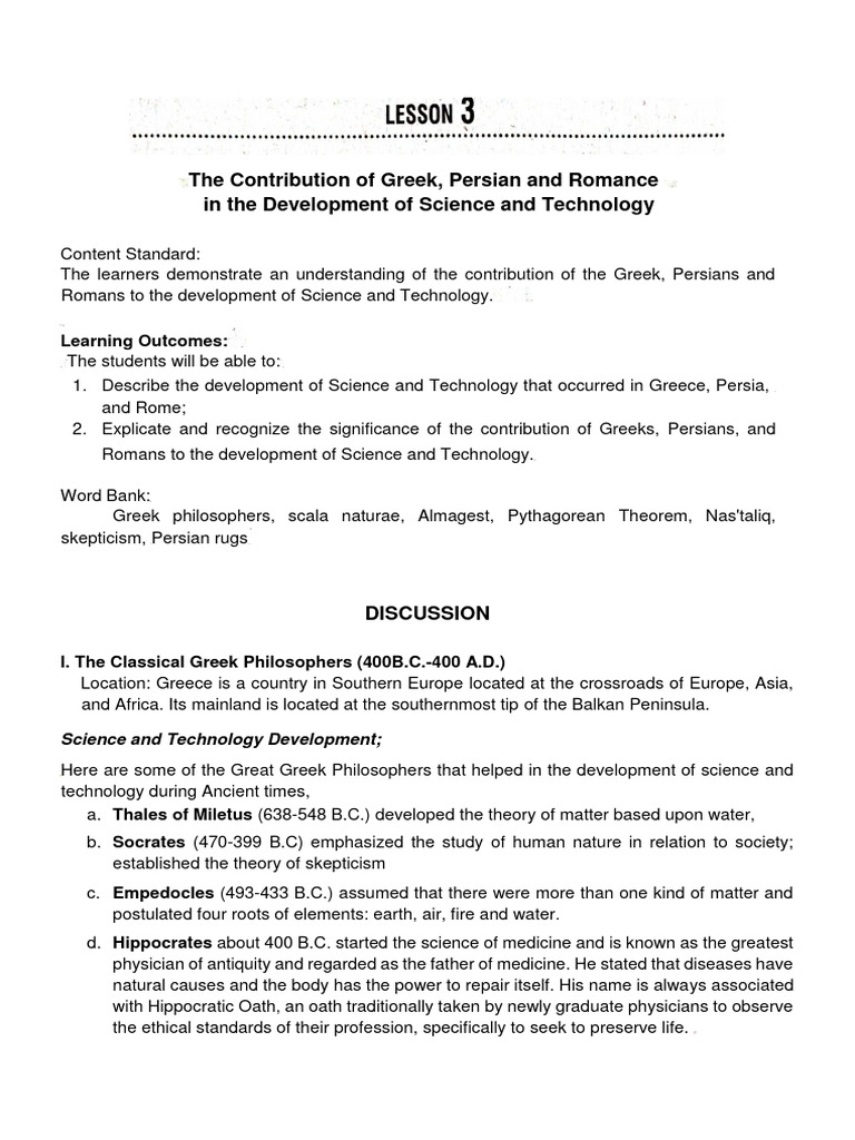 LESSON 3 The Contribution of Greek, Persian and Romans in The ...