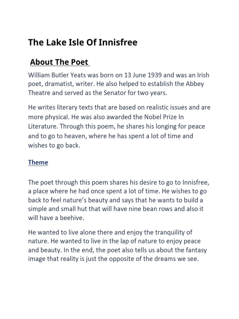 Summary of "The Lake Isle of Innisfree" | PDF | Poetry | W. B. Yeats
