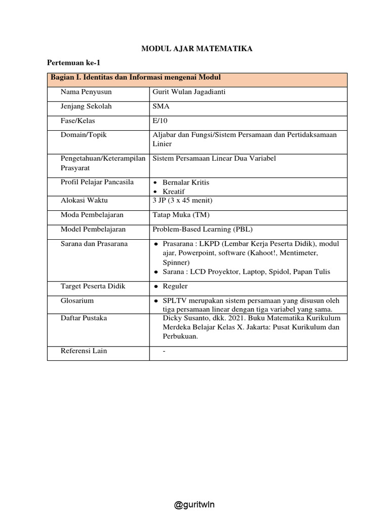 Modul Ajar Sistem Persamaan Dan Pertidaksamaan Linier Kelas X | PDF