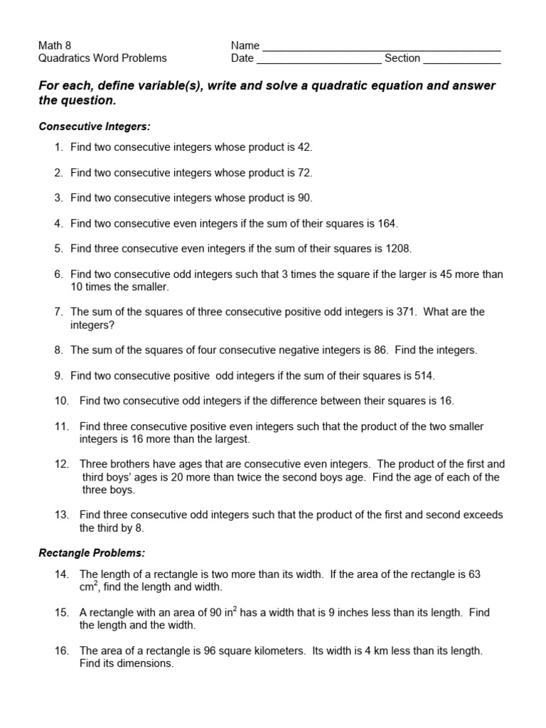 WS 23 Quadratics Word Problems | PDF | Area | Length