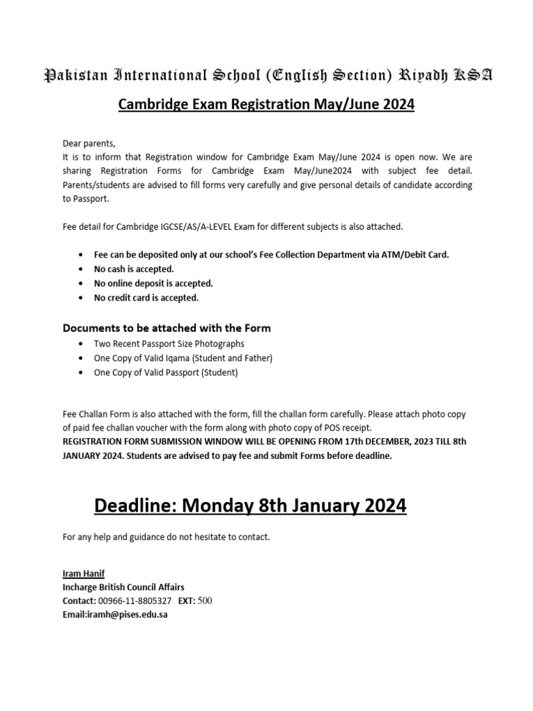 CIE Instructions For Parents - REGISTRATION May June 2024 | PDF