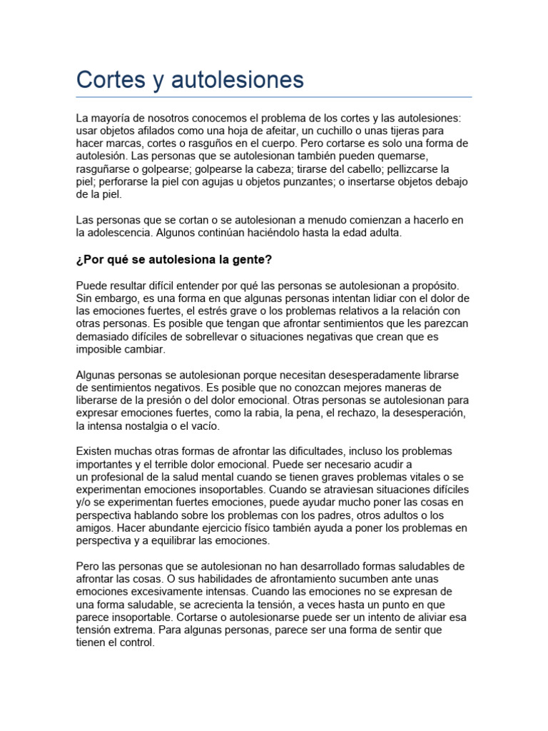 Cortes y Autolesiones | PDF | Autolesiones | Las emociones